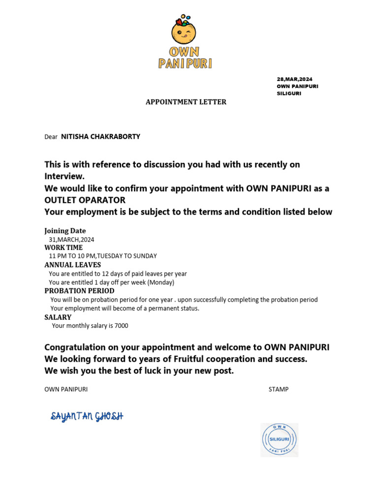 Appointment Letter for Outlet Operator | PDF