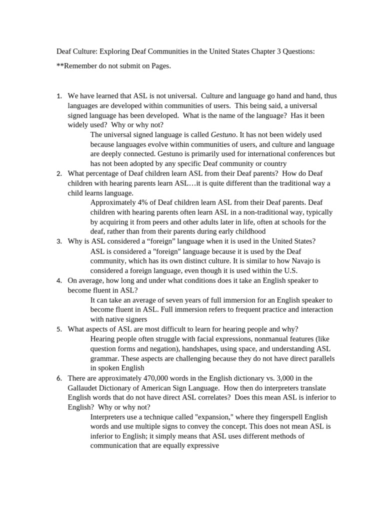 Deaf Culture Chapter 3 Questions | PDF | American Sign Language ...