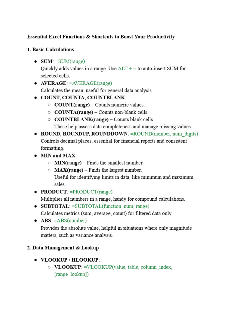 Essential Excel Functions & Shortcuts To Boost Your Productivity | PDF ...