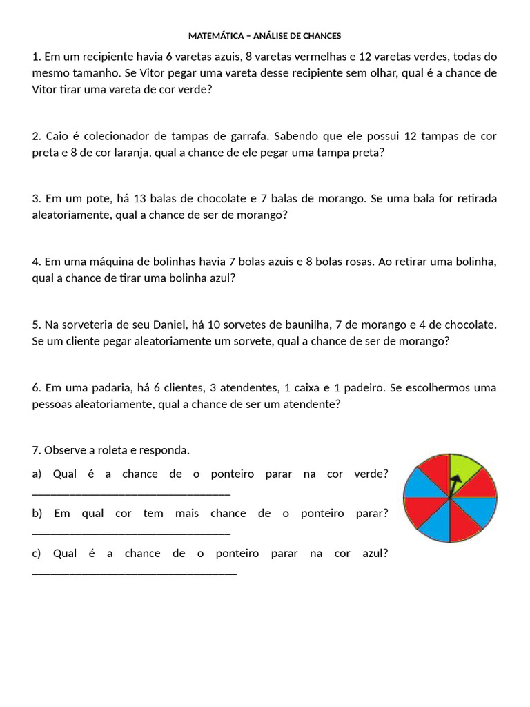 4º Ano - MATEMATICA - PROBABILIDADE | PDF | Gastronomia, comida e vinho ...