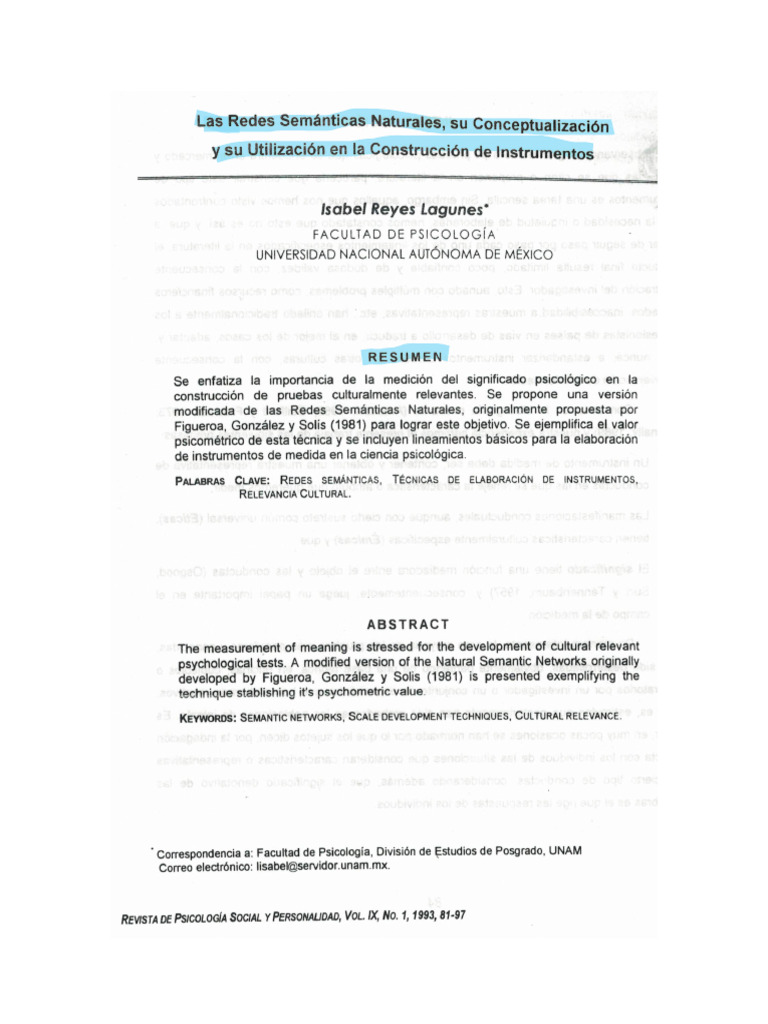Redes Semánticas Reyes-Lagunes I. 1993 Rev. Psic. Social y Person. | PDF