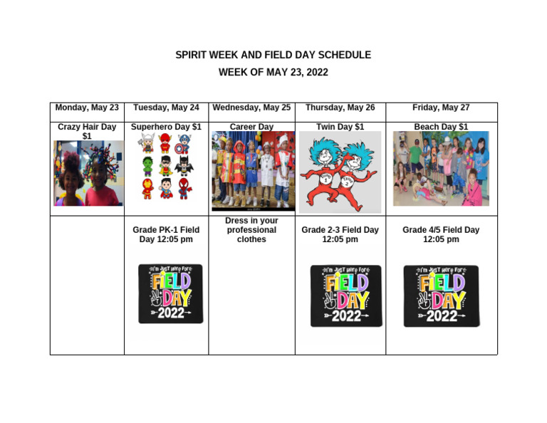 Spirit Week and Field Day Schedule | PDF