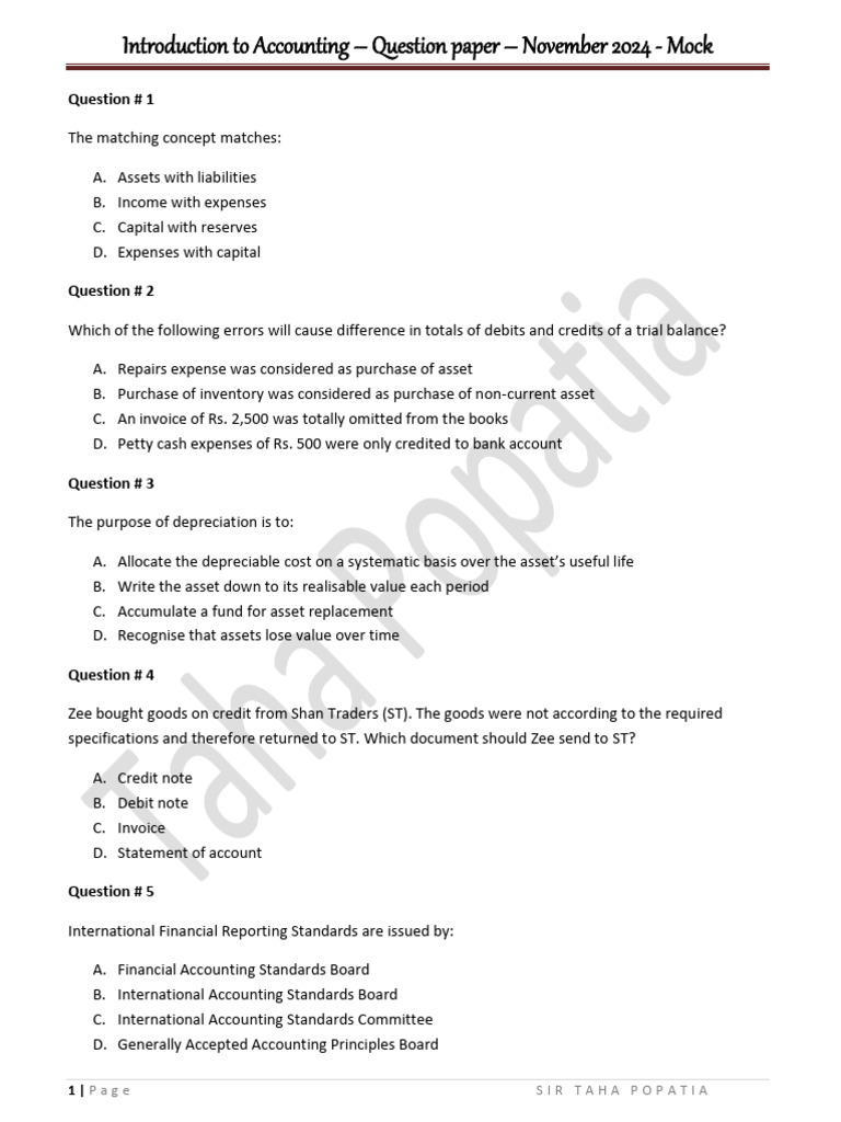 PRC4 Introduction To Accounting - Mock Exam - November 2024 - Question Paper | PDF | Debits And ...