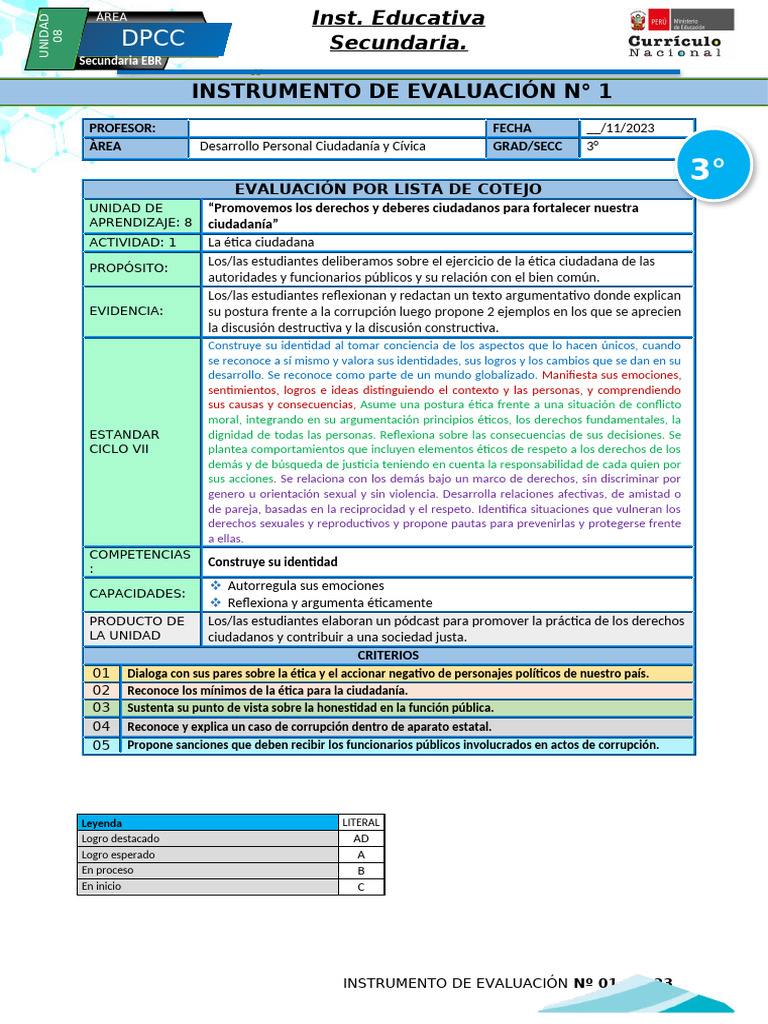 3º DPCC - LC Act.1 Uni 8 - Sem 01 | PDF | Evaluación | Corrupción política