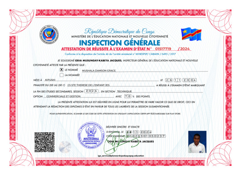 Attestation - Mushala Damson Grace | PDF