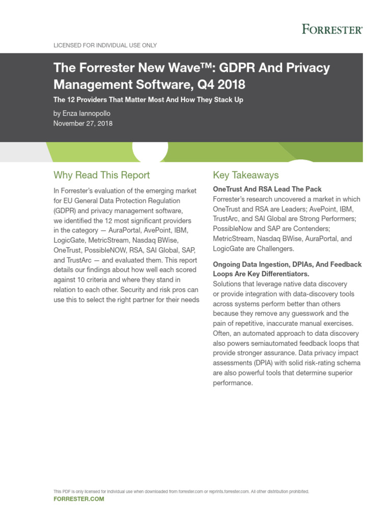 The Forrester New Wave and Privacy Management Software, Q4 2018 | PDF ...