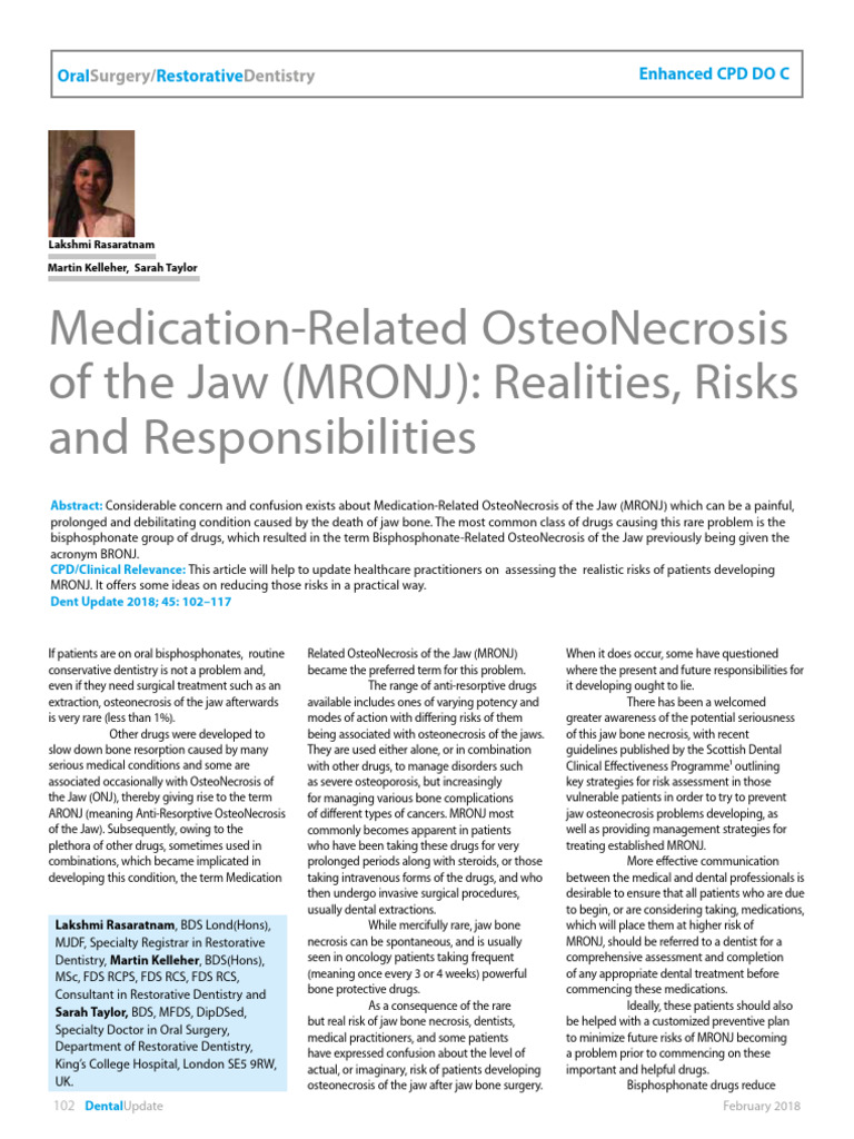 Medication-Related OsteoNecrosis of The Jaw (MRONJ) : Realities, Risks ...