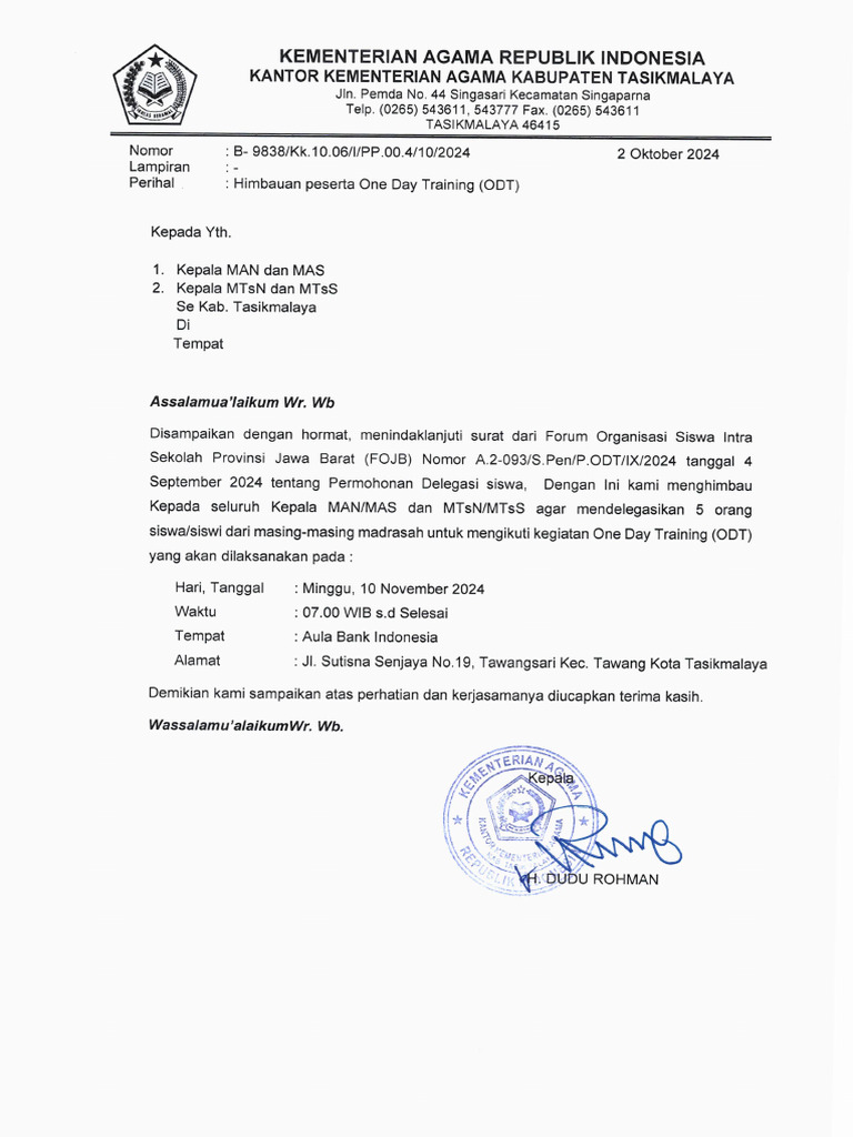 Permintaan Peserta One Day Training (Odt) Forum Osis Jawa Barat | PDF