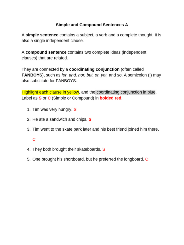 Simple and Compound Sentences A 2024 | PDF