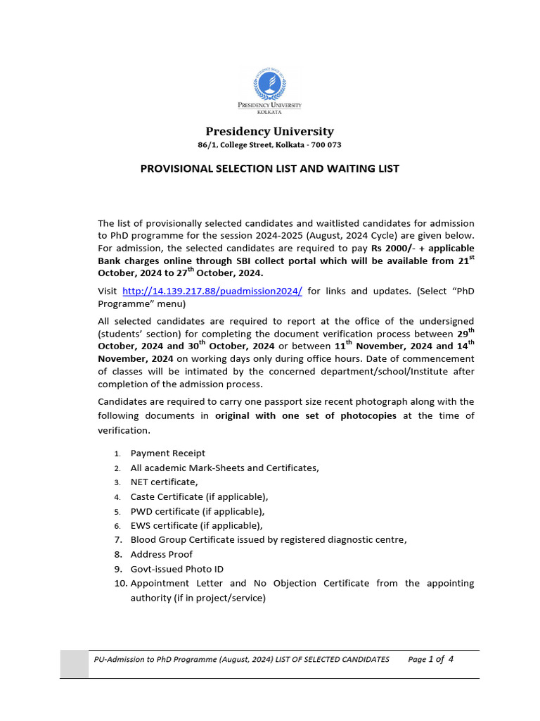 Provisional Selection List and Waiting List Aug 2024 | PDF | Doctor Of ...