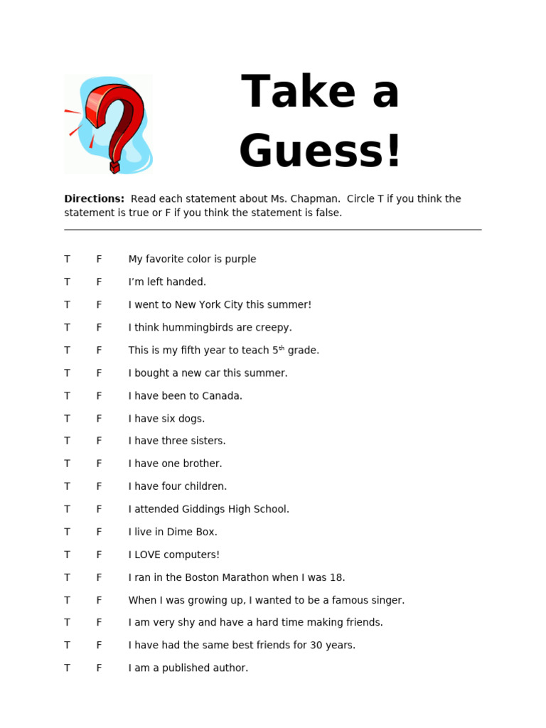 Take A Guess!: Directions | PDF