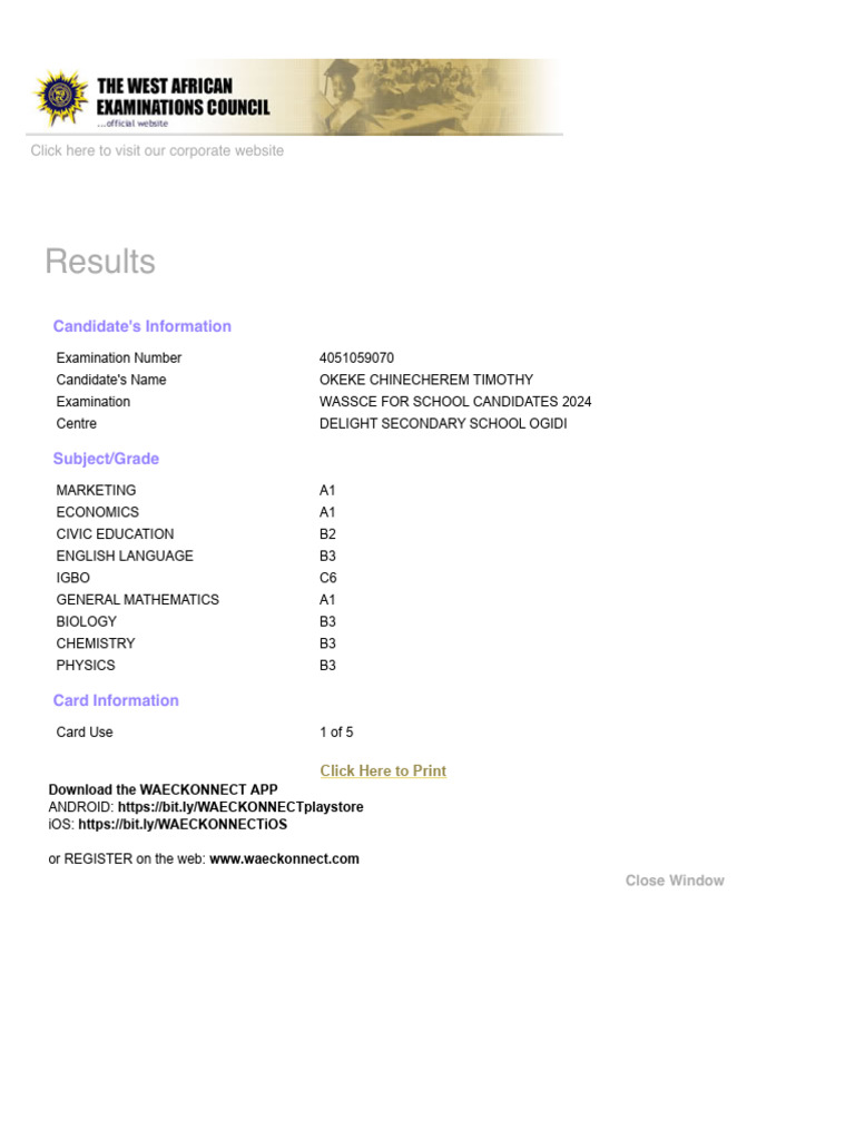 Waecdirect Online - Results | PDF