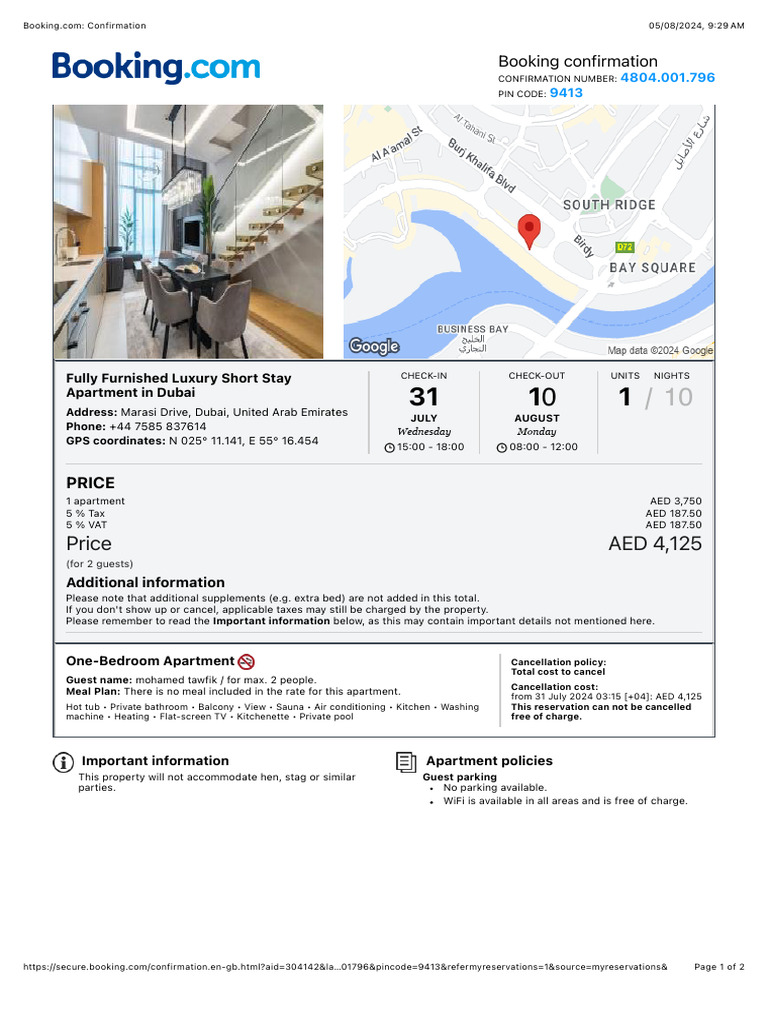 Dubai Luxury Apartment Booking Confirmation | PDF