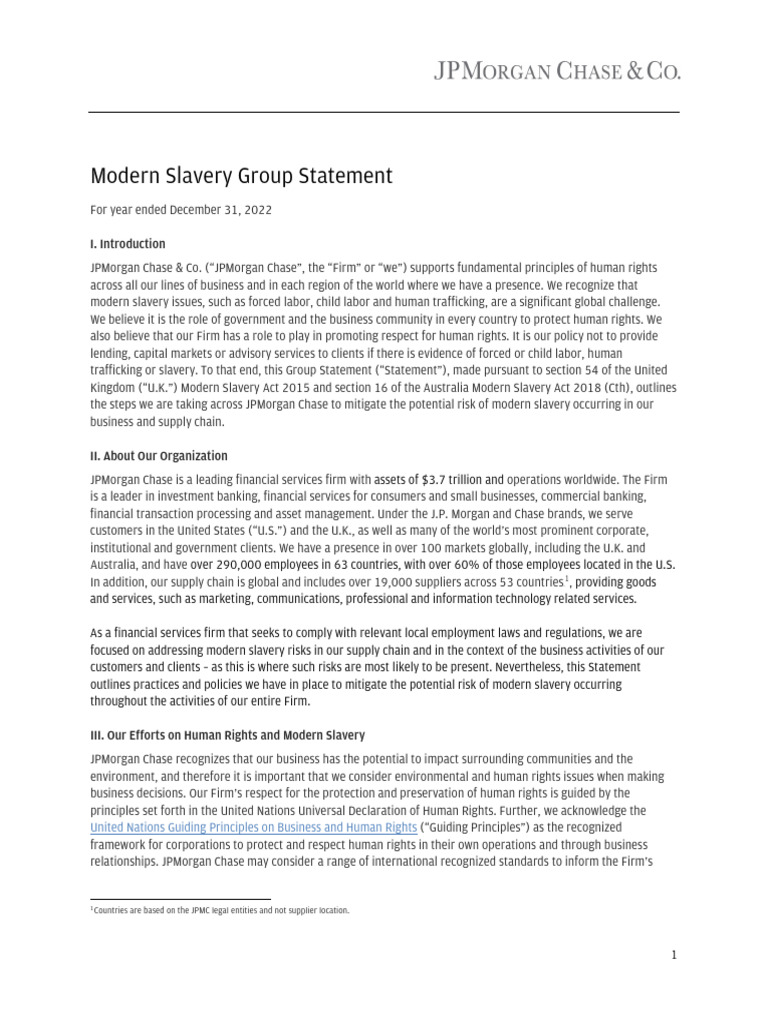 JPMC Fy22 Modern Slavery Group Statement | PDF | Jp Morgan Chase | Employment