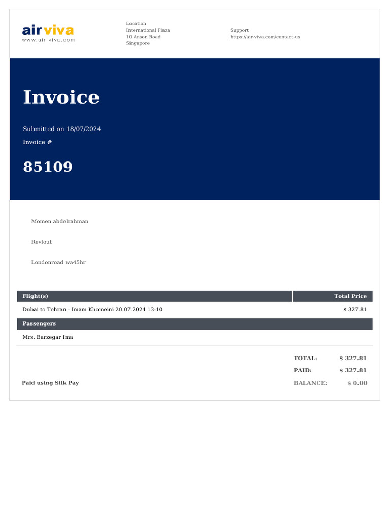 Invoice For Booking 85109 2 | PDF