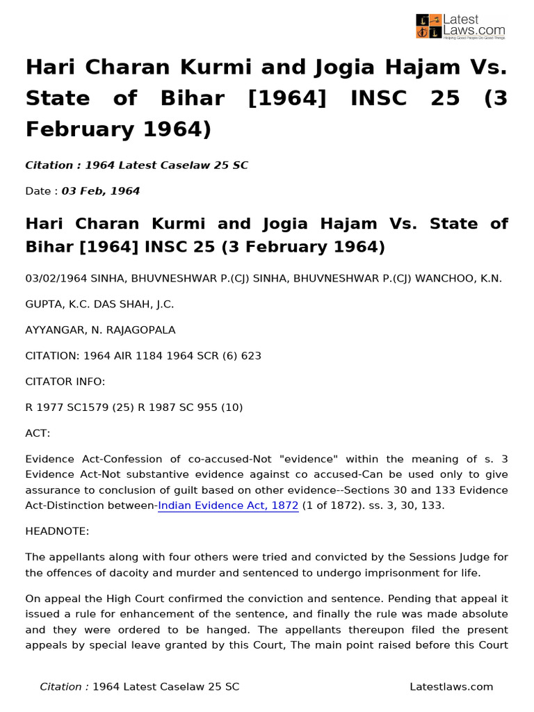 Hari Charan V State of Bihar | PDF | Confession (Law) | Prosecutor