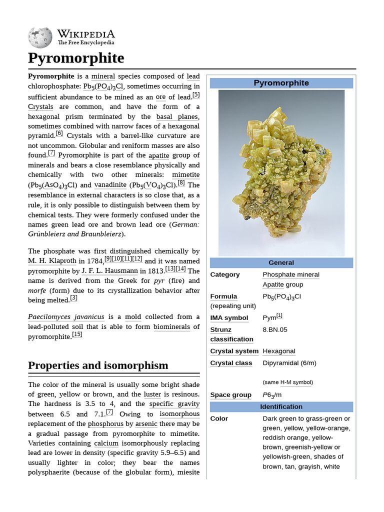 Pyromorphite Mineral Overview | PDF | Mineralogy | Minerals