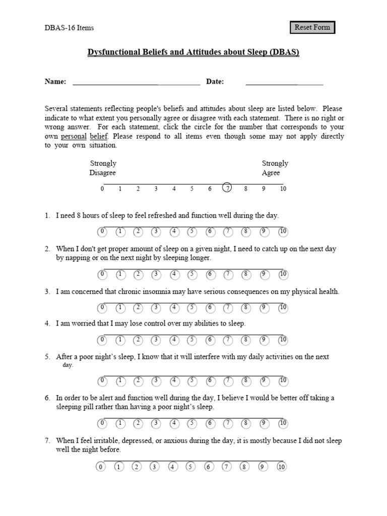 DBAS-16 Sleep Beliefs Questionnaire | PDF | Sleep | Insomnia