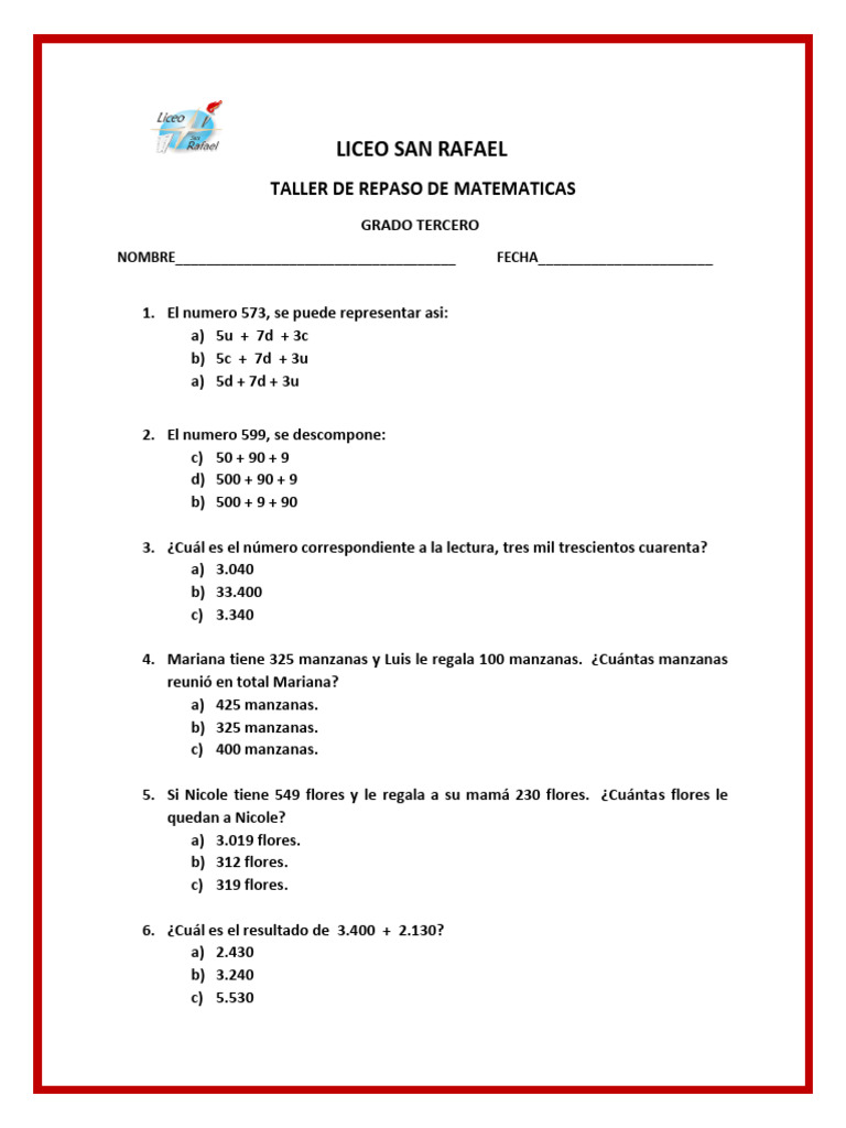 3o. - TALLER DE REPASO DE MATEMATICAS TERCERO - 2024 | PDF