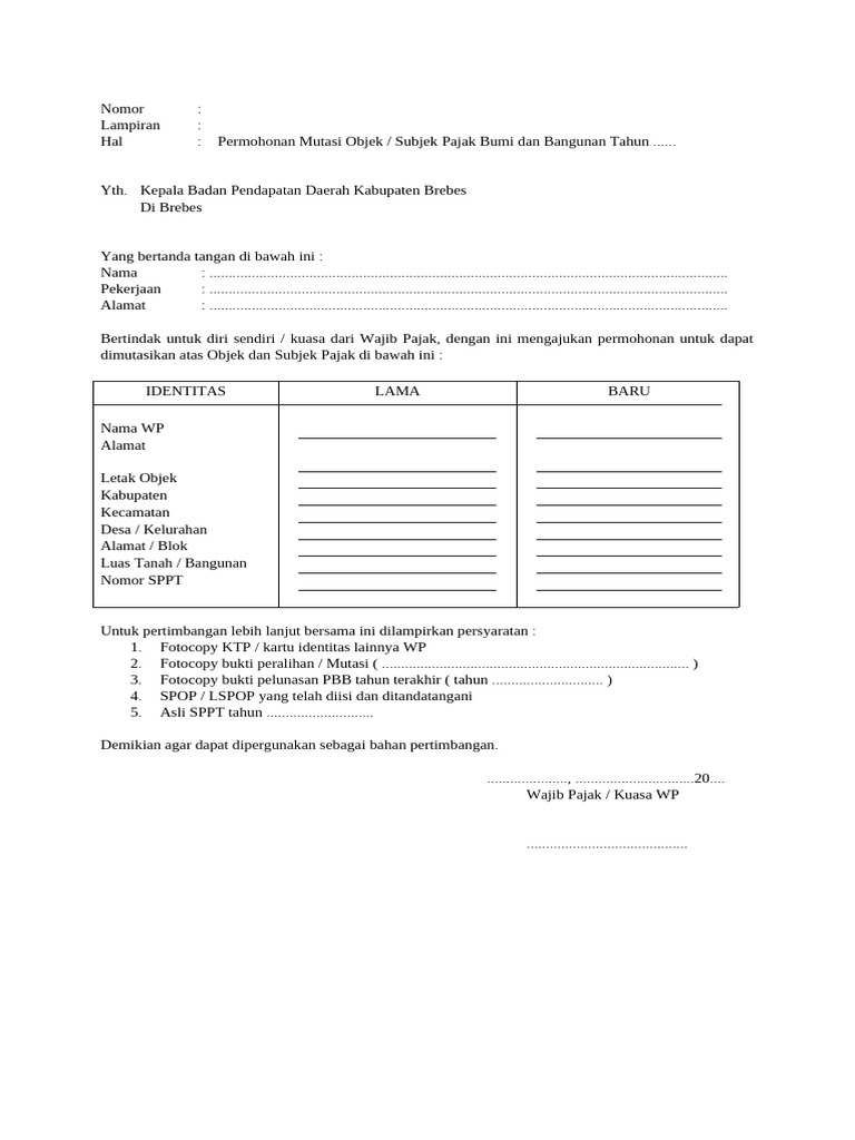 Form Mutasi SPPT Perorangan | PDF | Pengelolaan Keuangan & Uang | Griya & Taman
