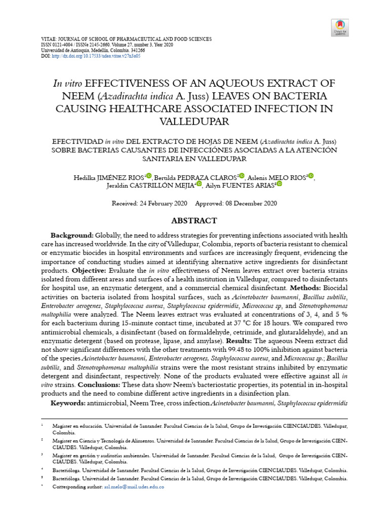 In Vitro Effectiveness of An Aqueous Extract of Neem Azadirach ...