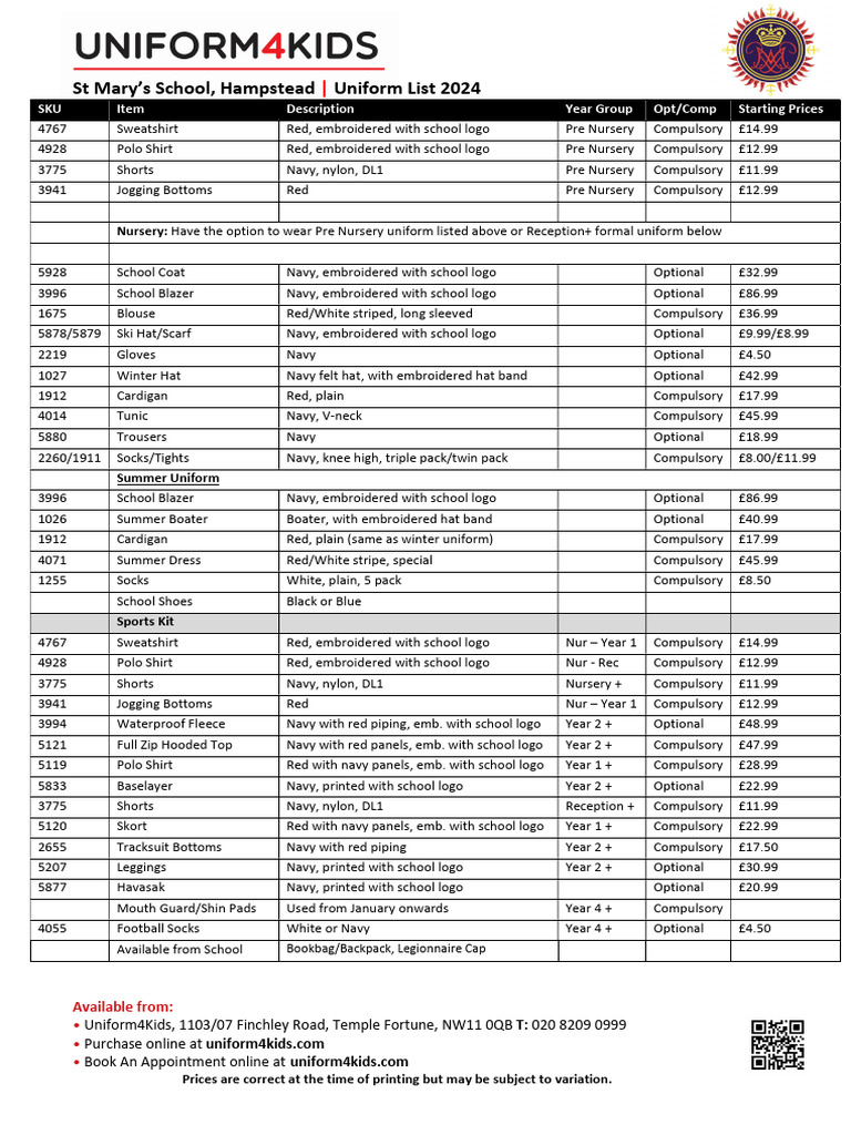 St. Mary's School Uniform List 2024 | PDF | Sweater | Uniforms