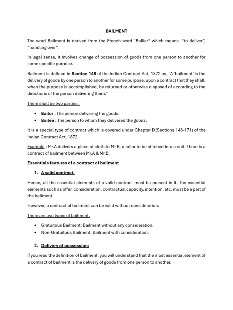 Bailment Notes | PDF | Lien | Consideration