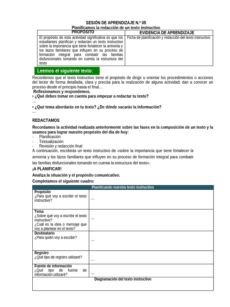 Ficha-Planifica Texto Instructivo-5° | PDF | Cognición | Aprendizaje