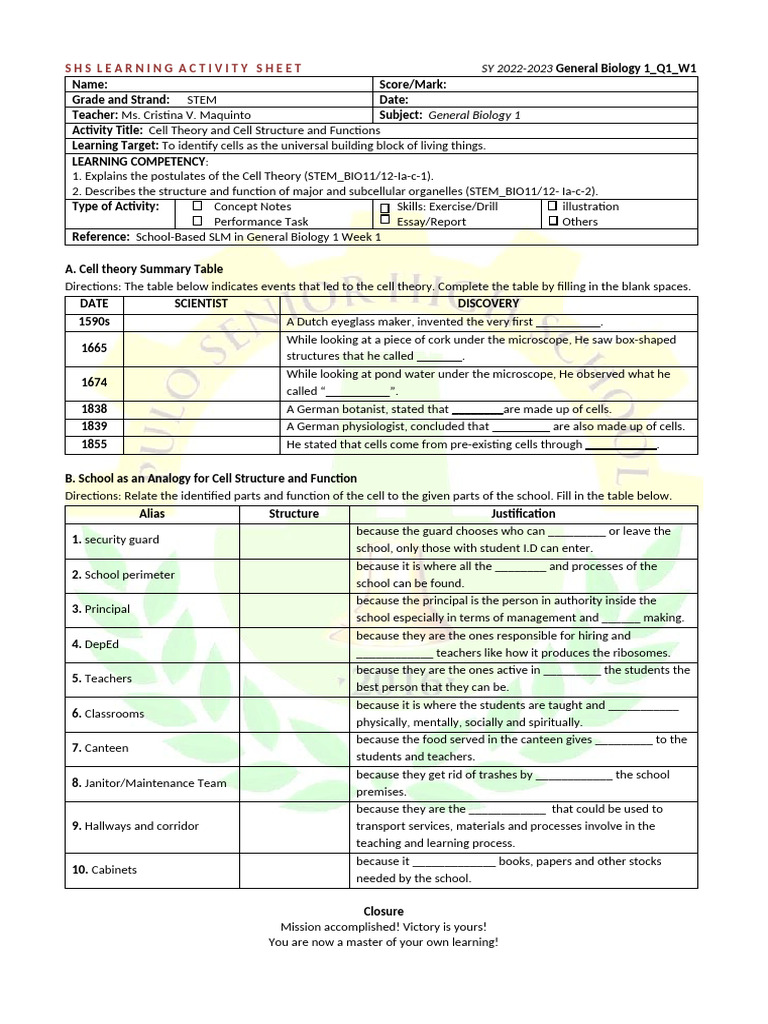 Learning Activity Sheet No. 1 GENBIO1 | PDF | Cell (Biology) | Teachers