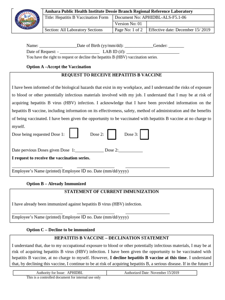 F5.1-06 HBV Vaccine Request Form | PDF | Hepatitis B | Hepatitis