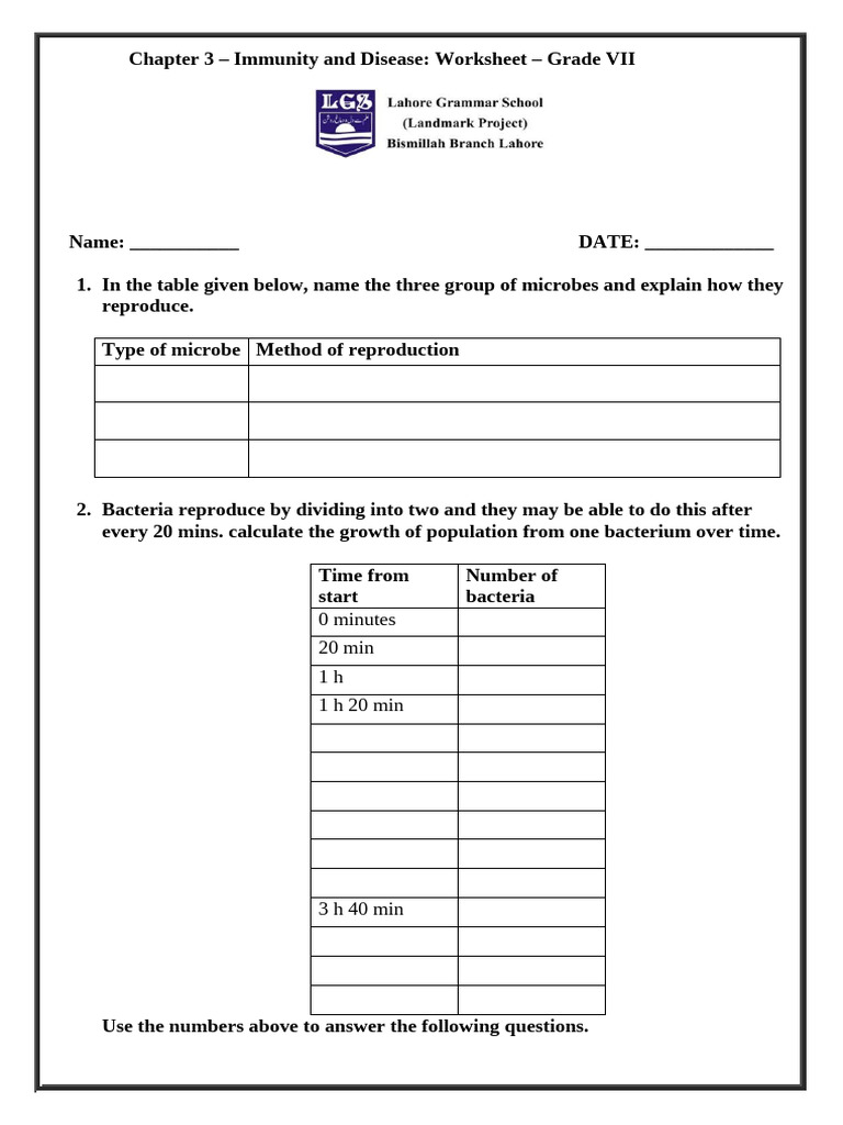 Immunity and Disease - Worksheet | PDF | Bacteria | Microorganism