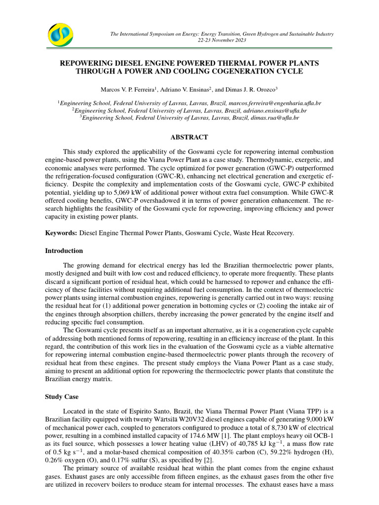 Repowering Diesel Engine Powered Thermal Power Plants Through A Power ...