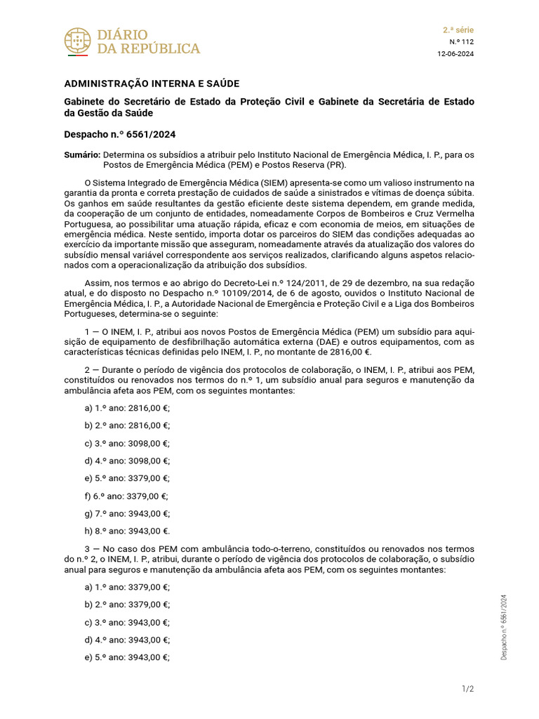 Despacho 6561-2024 Subsídio INEM | PDF