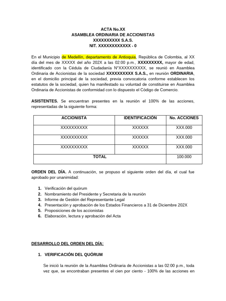 Modelo Acta de Asamblea Ordinaria | PDF | Estado financiero | Gobierno