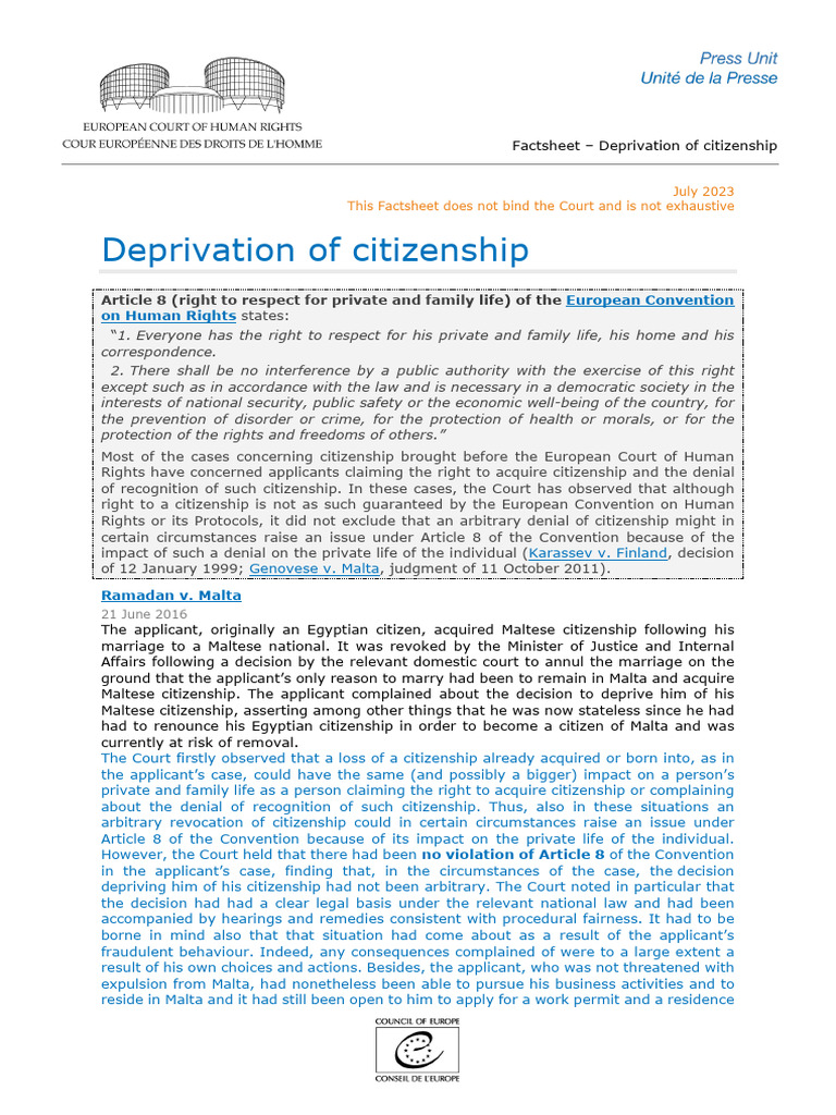 FS Citizenship Deprivation ENG | PDF | European Convention On Human ...