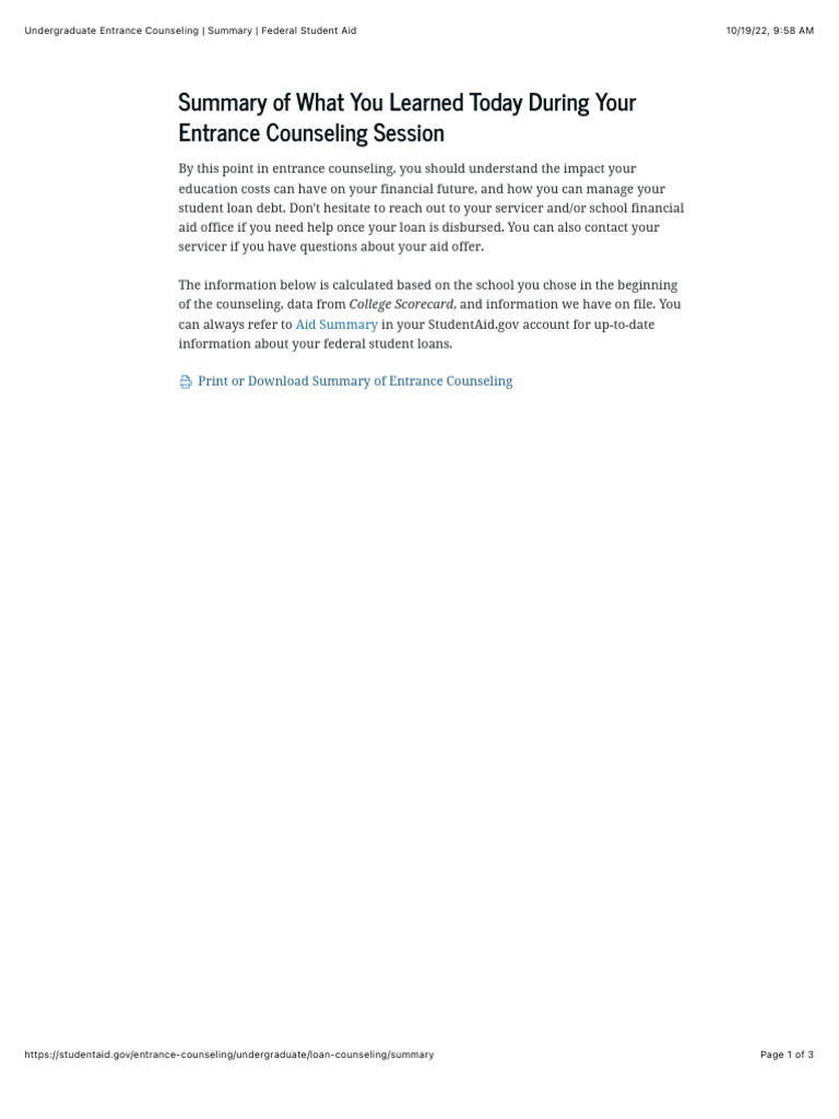 Undergraduate Entrance Counseling - Summary - Federal Student Aid | PDF ...