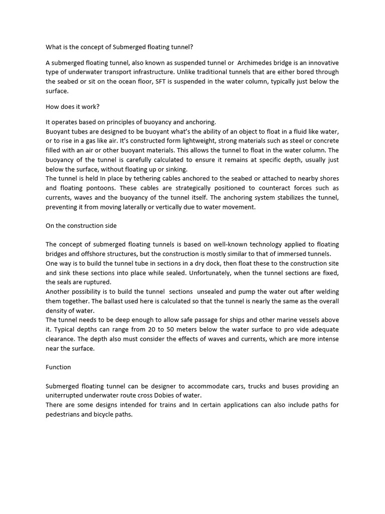 Submerged Floating Tunnel Overview | PDF | Buoyancy | Civil Engineering