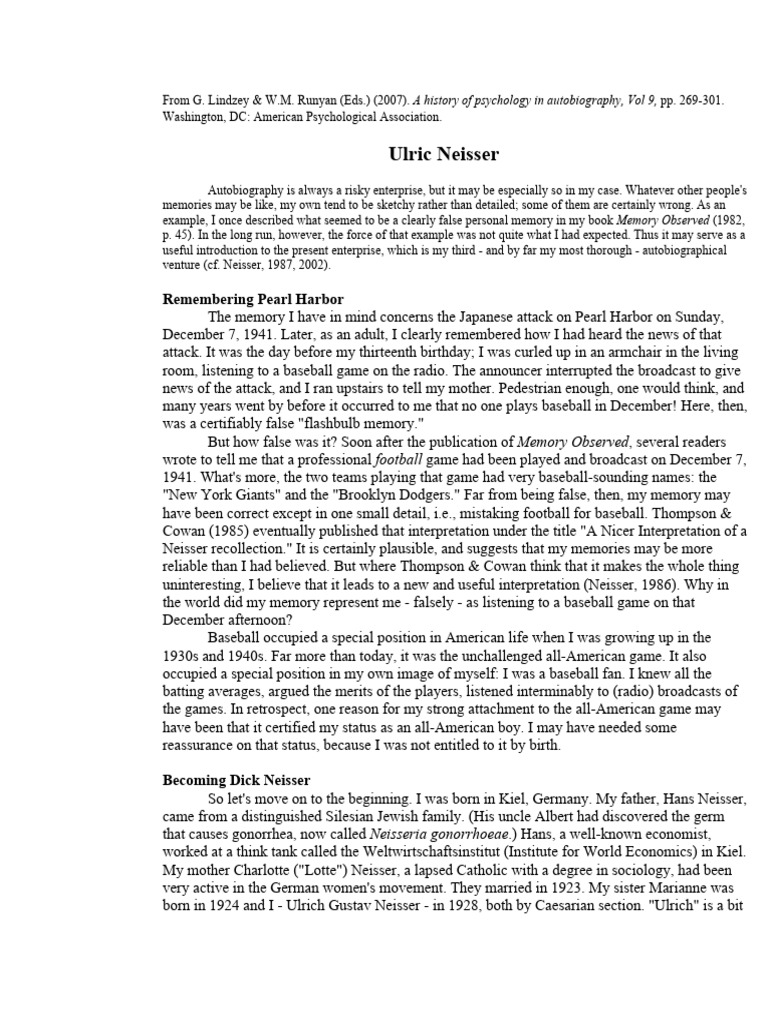 Neisser Autobiography | PDF | Extrasensory Perception | Perception