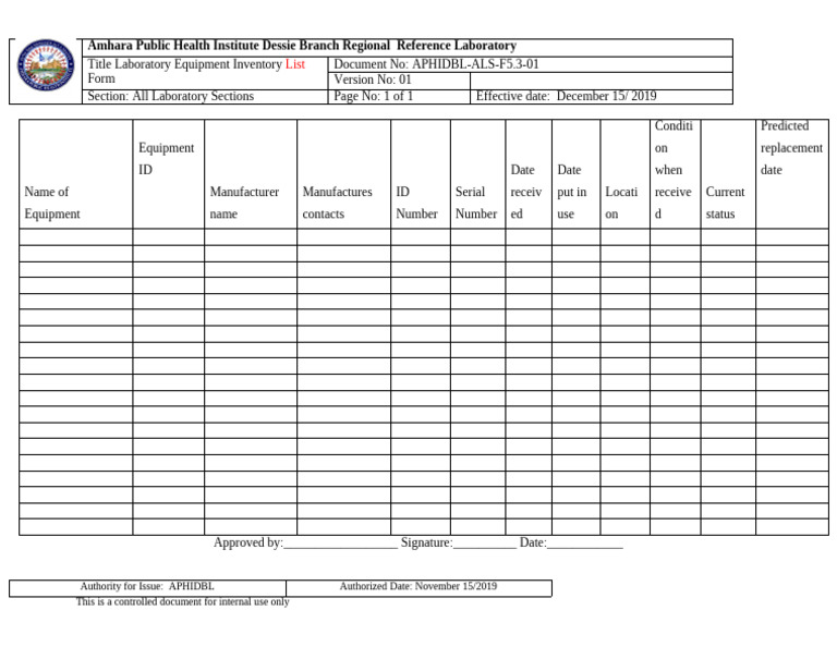 5.3-01 Laboratory Equipment Inventory List Form | PDF