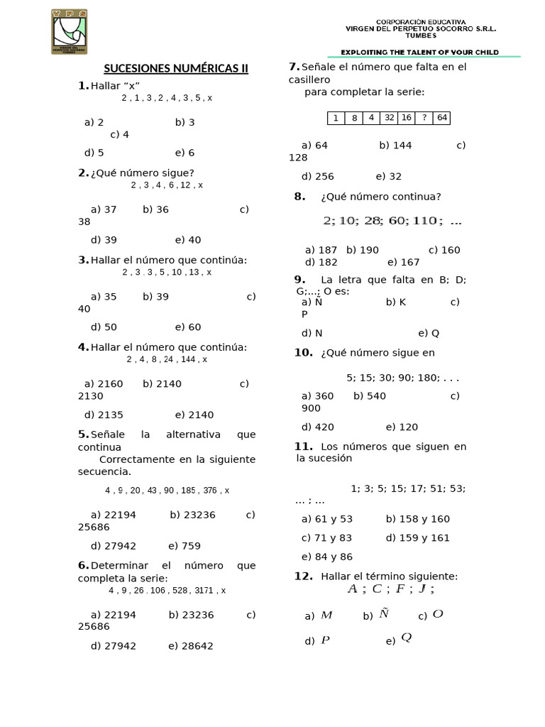 Sucesiones Numericas Ii 6to Primaria | PDF