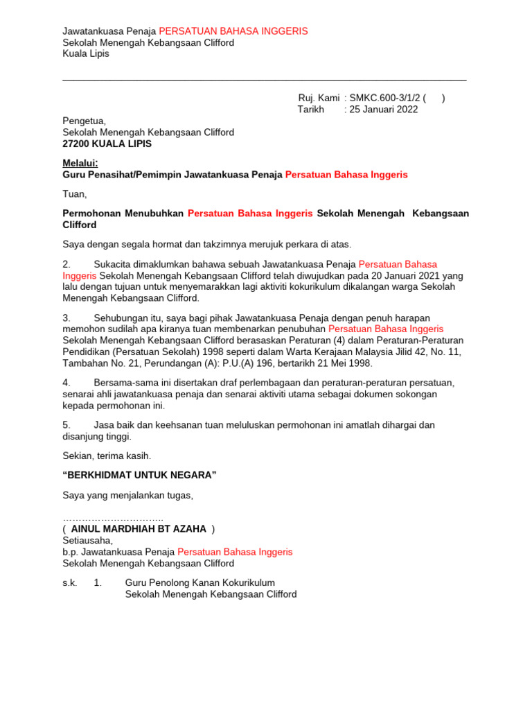 Contoh Surat Penubuhan Kelab | PDF