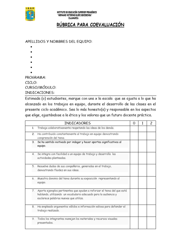Rúbrica para Coevaluación | PDF | Maestros | Aprendizaje