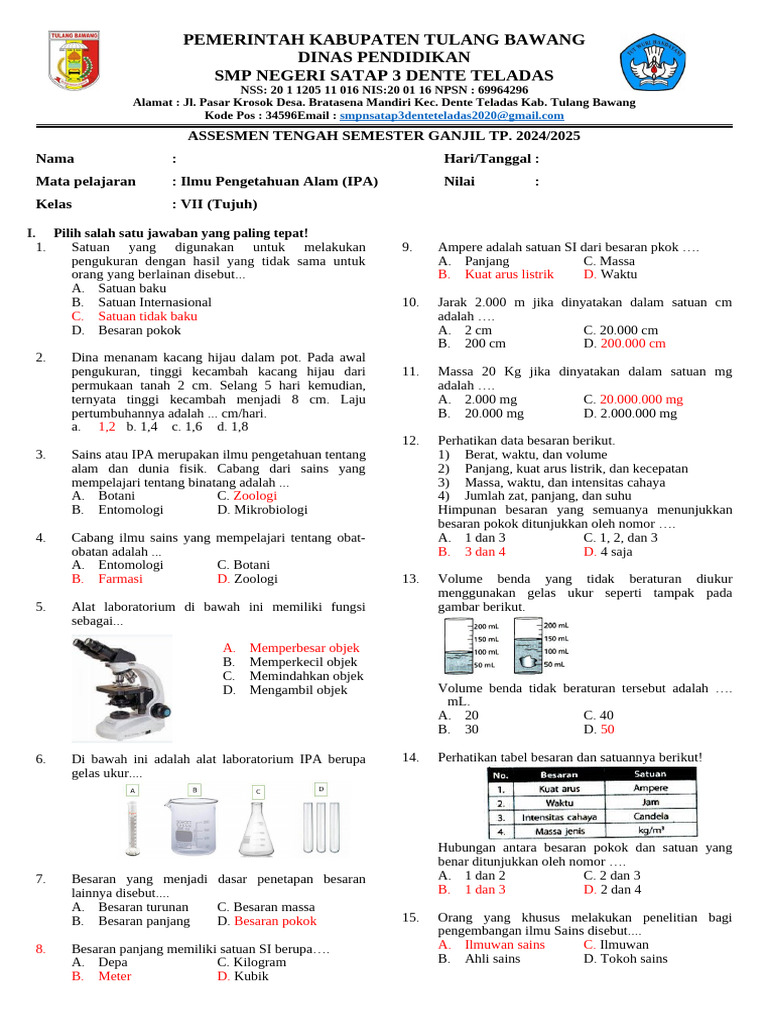 Soal PTS GANJIL IPA KELAS 7 KUMER | PDF