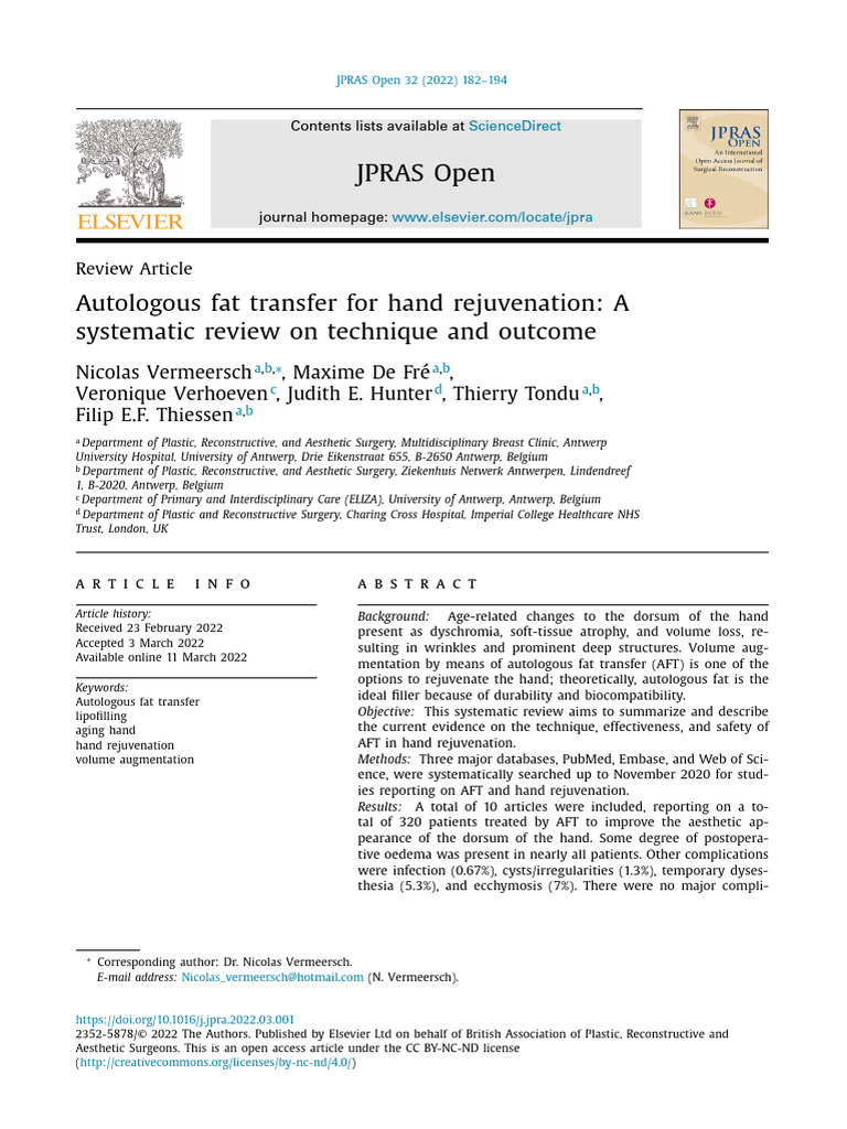 Autologous Fat Transfer For Hand Rejuvenation: A Systematic Review On ...