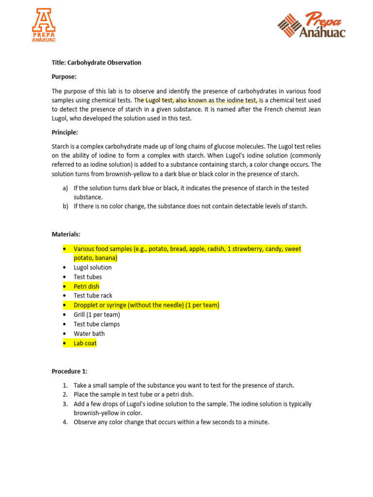 Lugol's Iodine Test for Starch Detection | PDF | Starch | Iodine