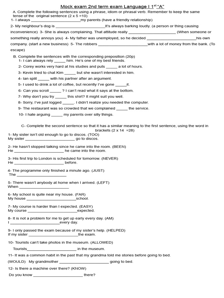 Mock Exam 2nd Term Language I 2024 | PDF | Linguistics | Grammar