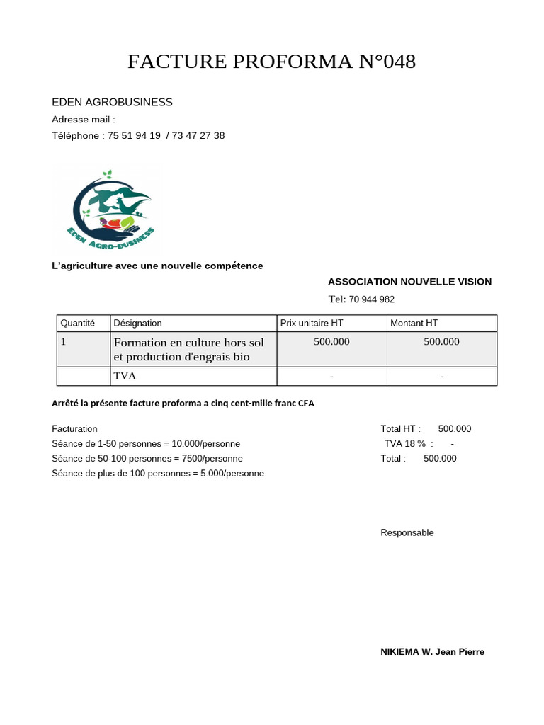 Facture Proforma N°048 - Formation Agricol | PDF
