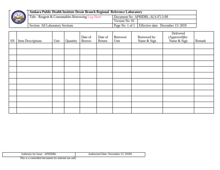 5.3-09 Reagent and Consumable Borrowing Log Sheet | PDF
