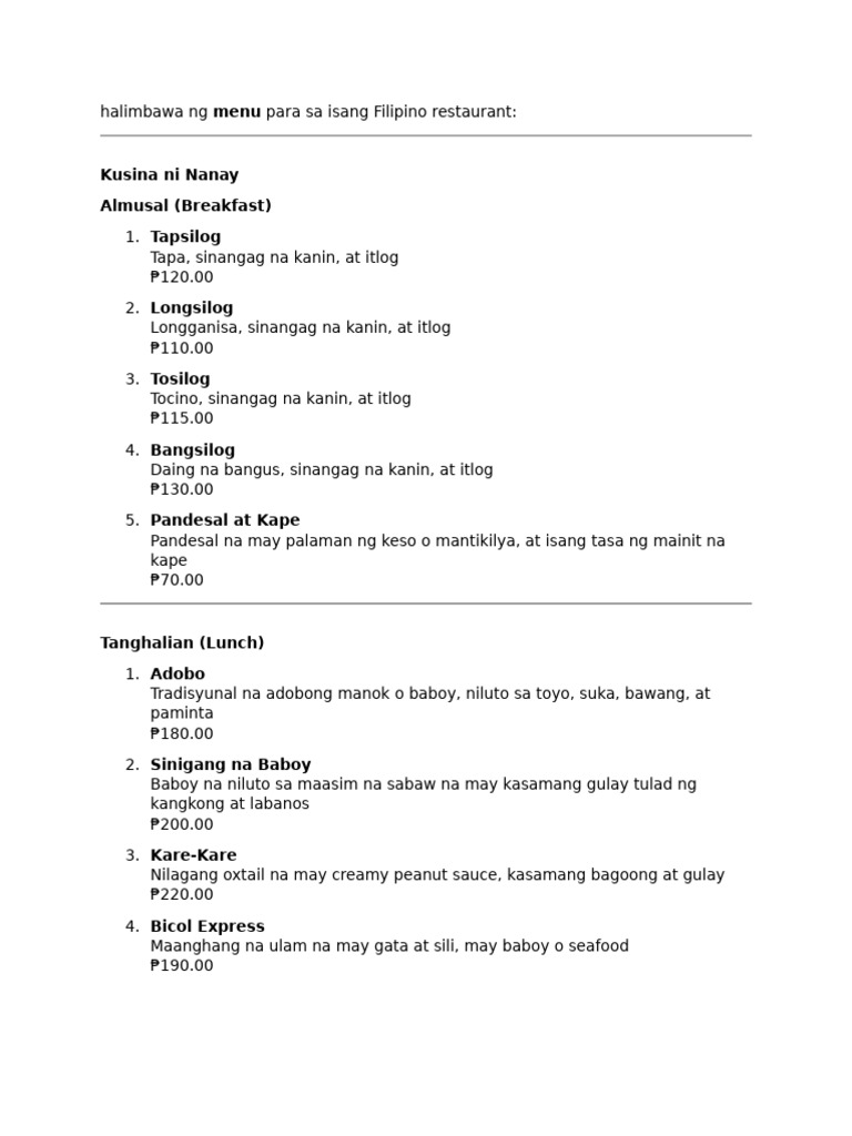 Halimbawa NG Menu para Sa Isang Filipino Restaurant | PDF