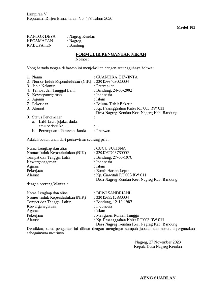 Formulir Pengantar Nikah Nagreg Kendan | PDF